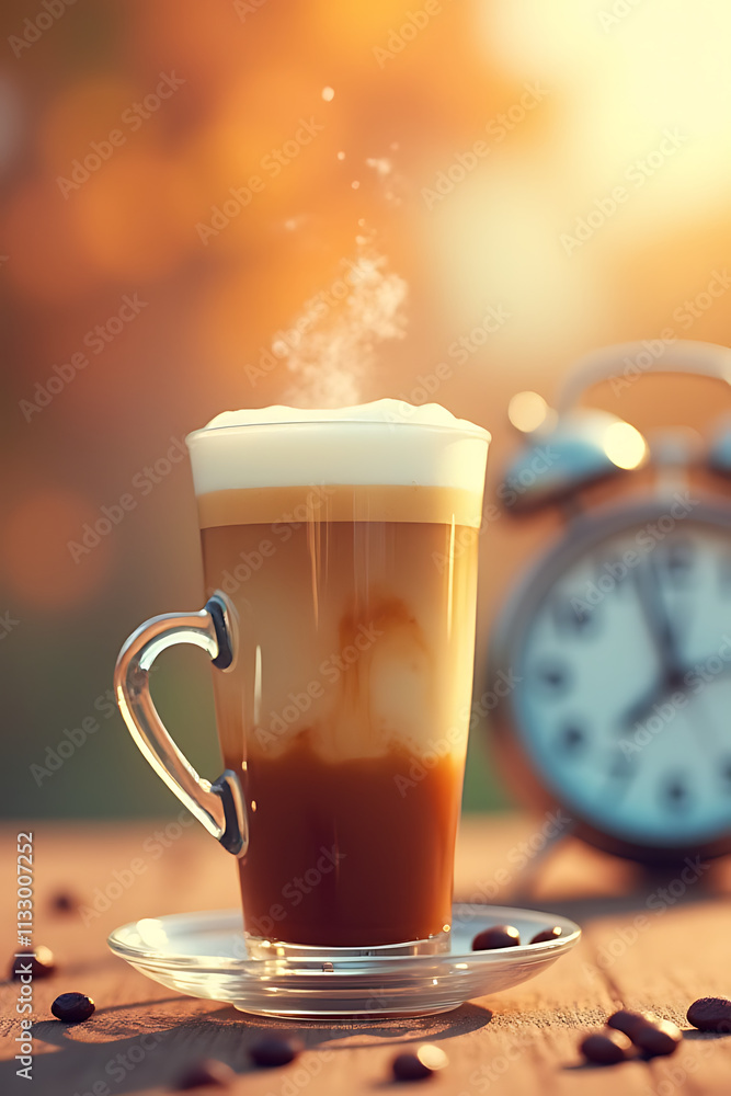 Morning drinking refreshment features a coffee cup, clock, and colorful ...