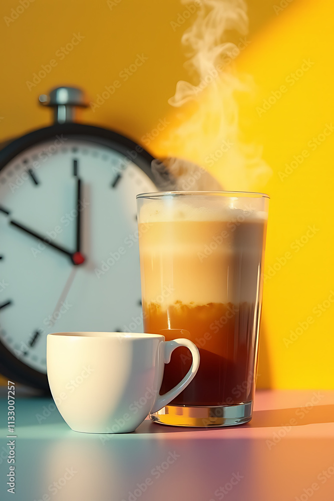 Morning drinking refreshment features a coffee cup, clock, and colorful ...