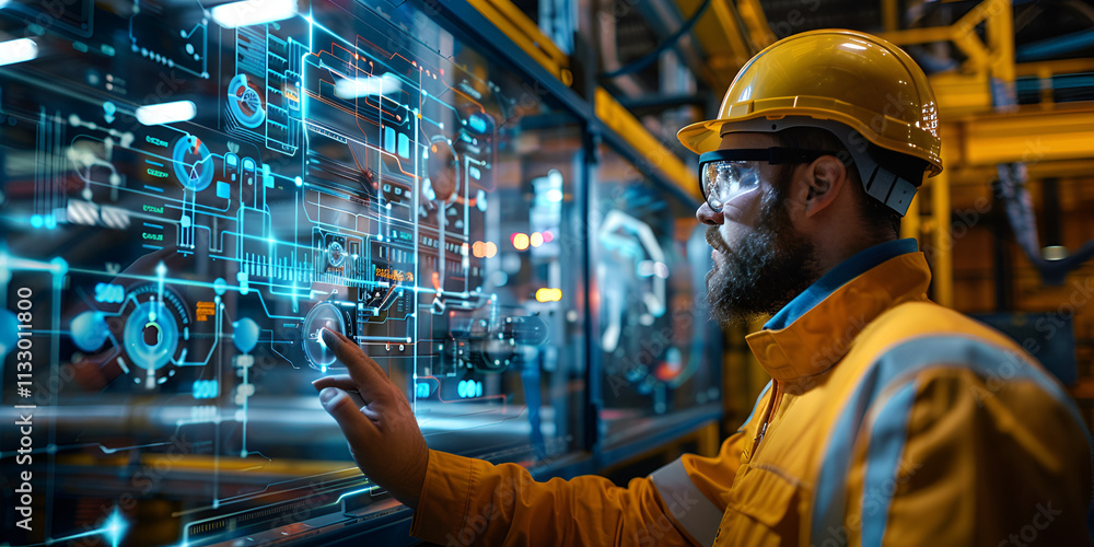 Industrial worker analyzing digital dashboard interface, Factory ...