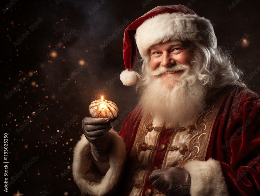 Santa Claus holding a gift with a warm Christmas backdrop, soft natural ...