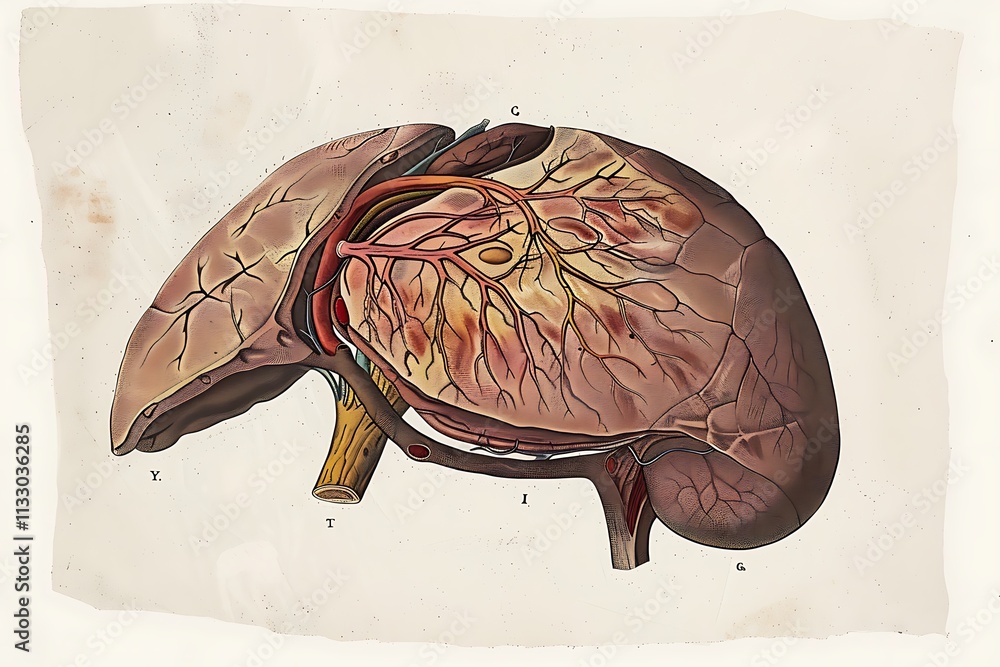 A detailed anatomical illustration of the human liver, showing its ...