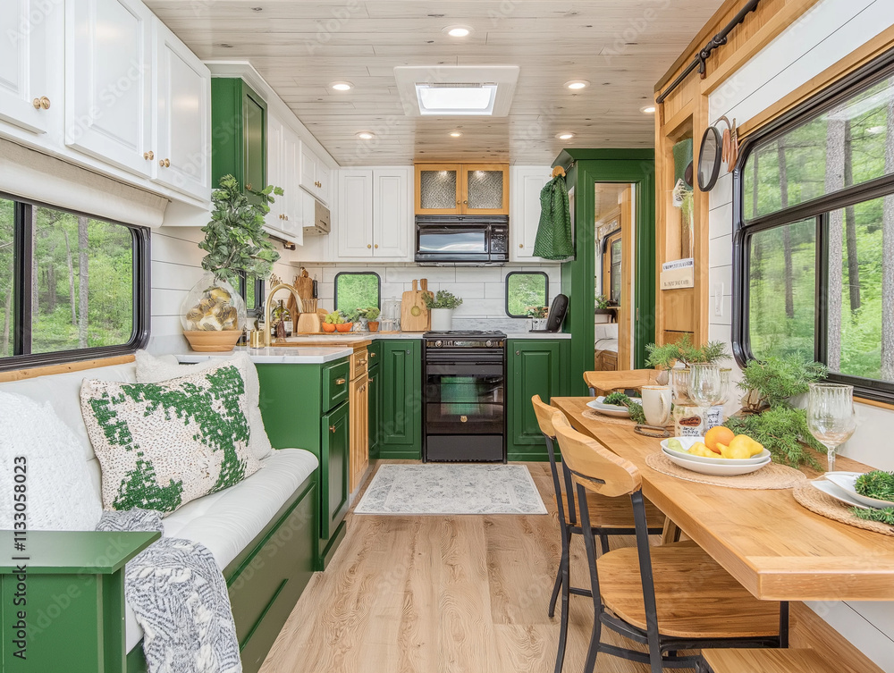 Modern Skoolie Conversion: A stylish and inviting kitchen and dining ...