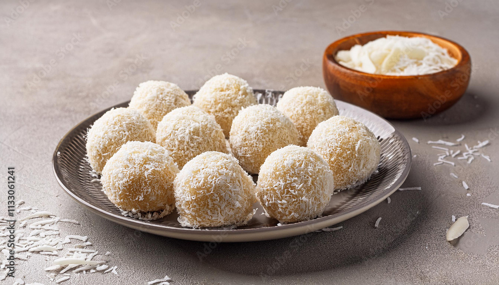 Coconut candies with condensed milk on a plate on a concrete background ...