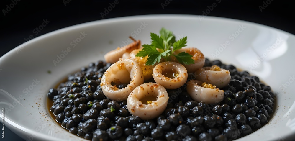 Delicately Composed Serving of Risotto Nero with Cuttlefish Ink and ...