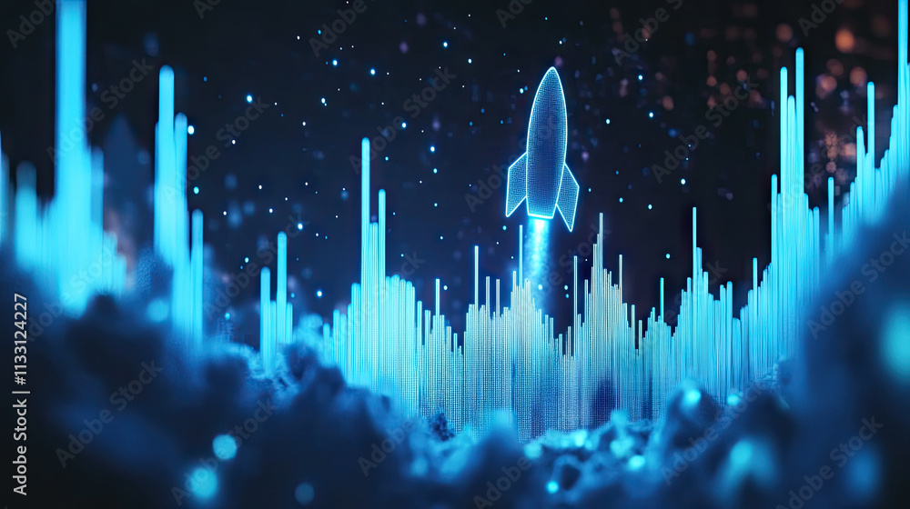 futuristic rocket launches from glowing blue digital city with stock ...
