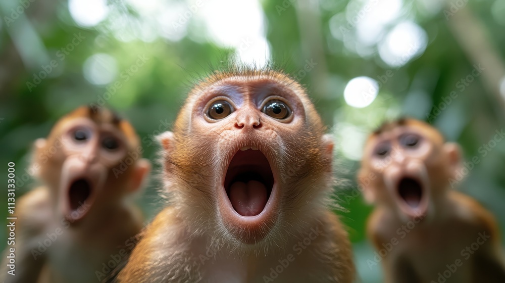 Three young monkeys are seen with wide-eyed surprised expressions ...