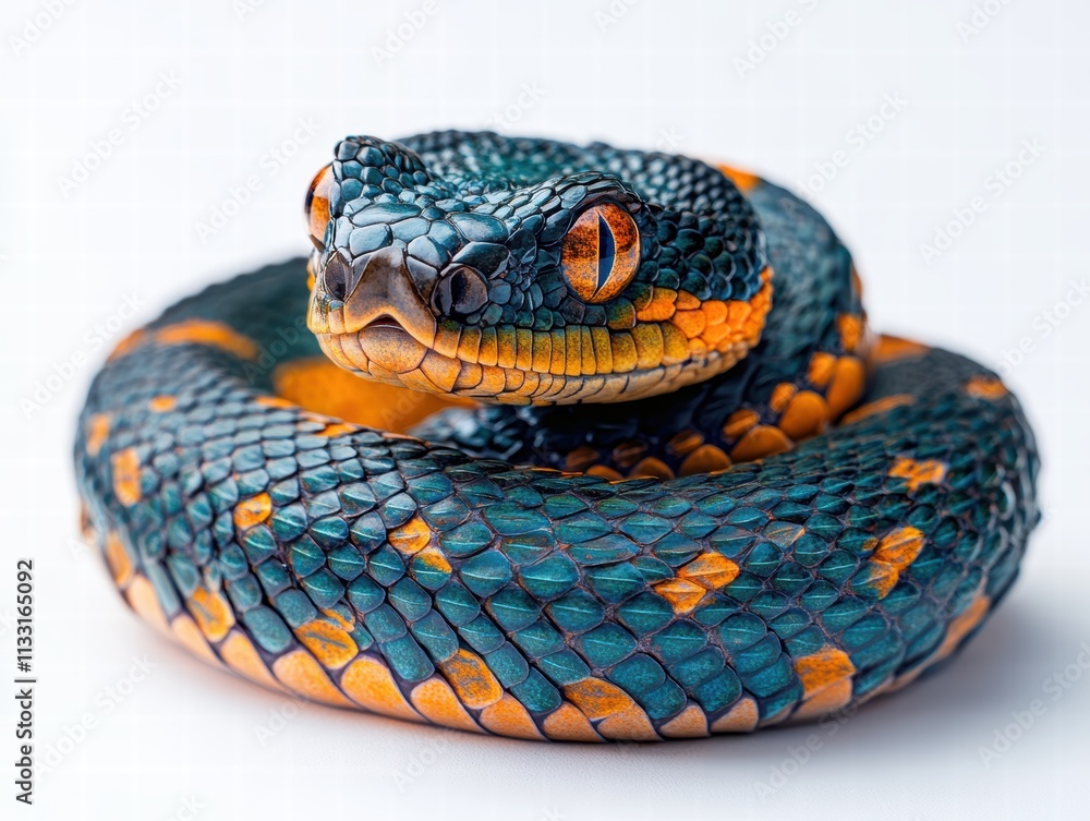 Bush viper displaying colorful green and orange scales tropical ...