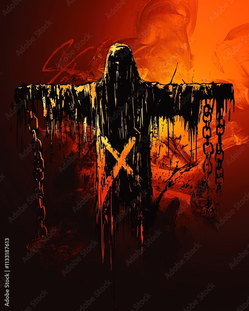 Chesus Christ on the cros tied in big heavy chains with sunset sky ...