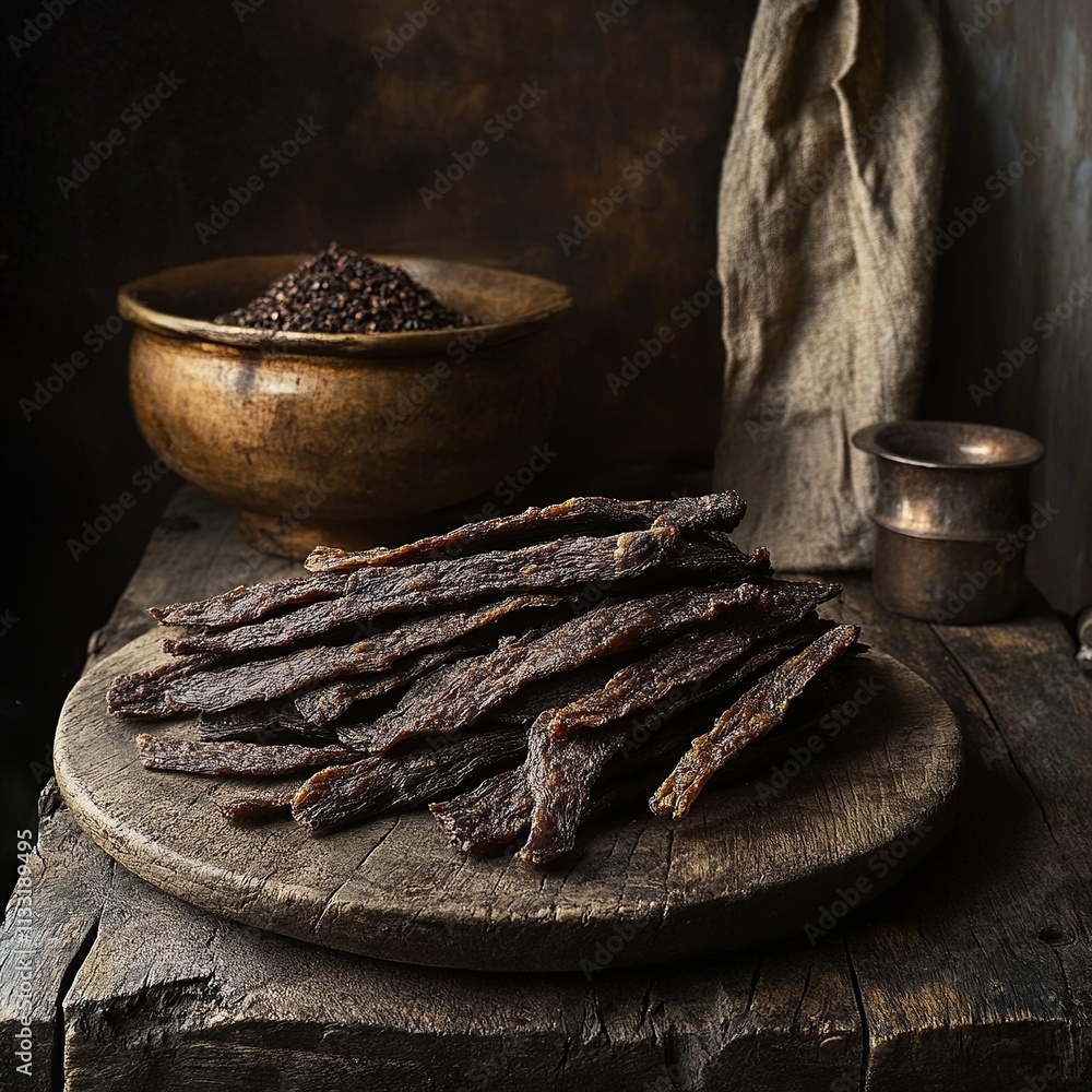A professional food photograph showcasing dried and seasoned beef jerky ...
