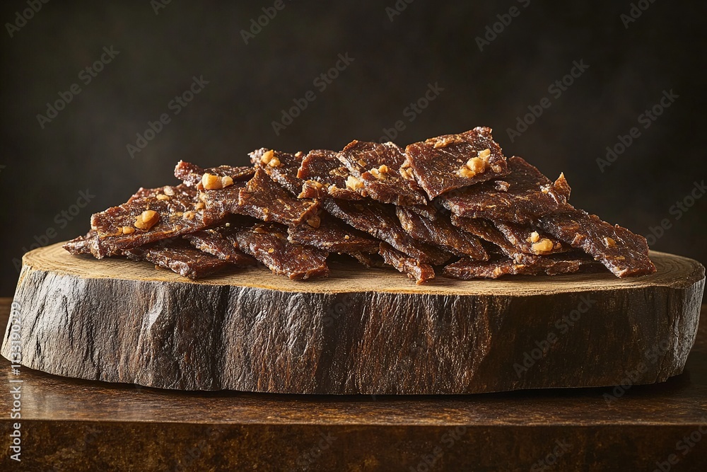 A professional food photograph showcasing dried and seasoned beef jerky ...