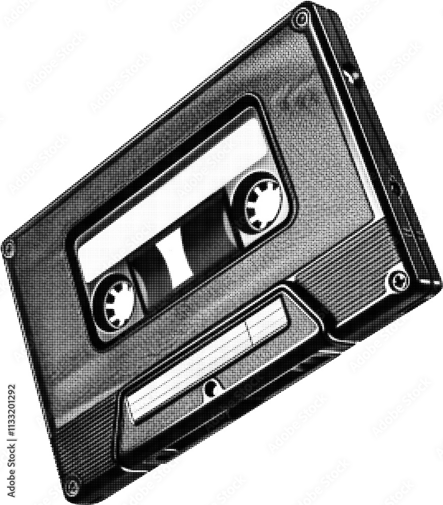 Audio cassette halftone bitmap collage element on transparent ...