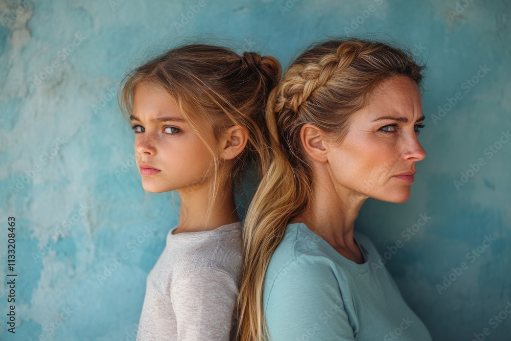 Mother and her daughter standing back to back, both showing angry ...
