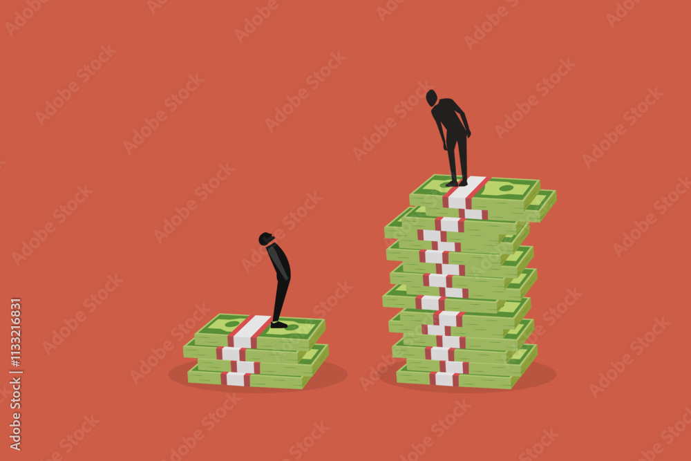 Businessman and businesswoman are standing on stacks of money ...