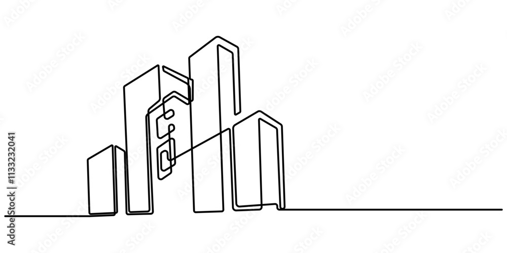 One line city. Skyscraper buildings, linear town cityscape and modern ...