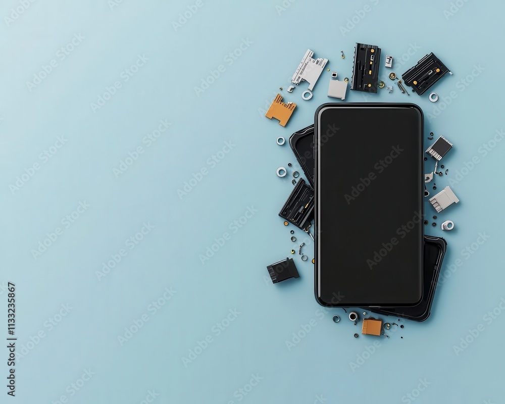 Exploded view of a phone battery replacement process, with floating ...
