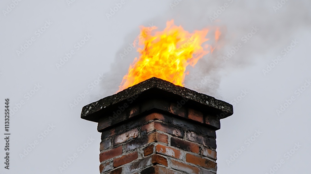 8. A chimney with soot-stained bricks and bright orange flames emerging ...
