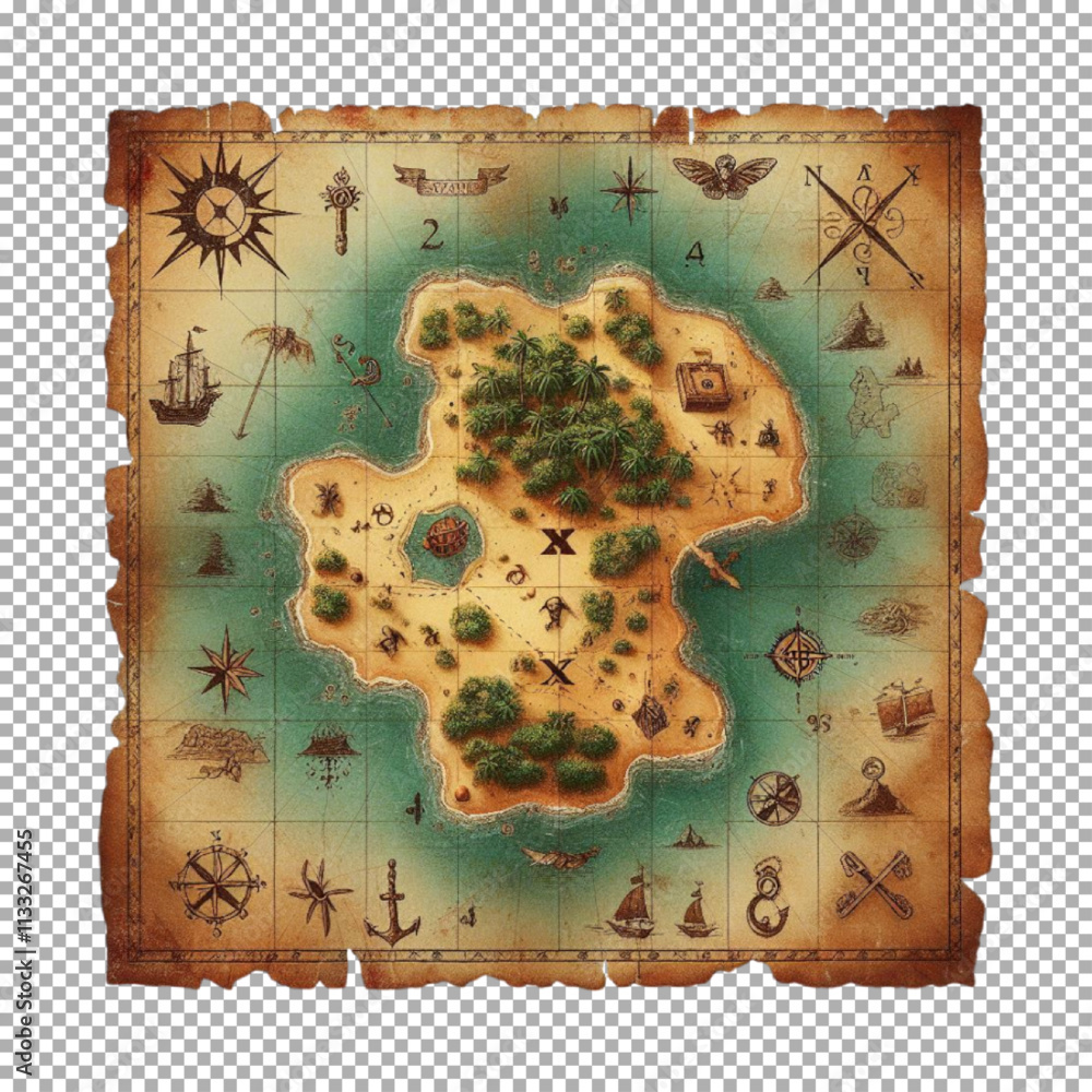 Old World Pirate Map with Sailing Ships and Landmarks on transparent ...