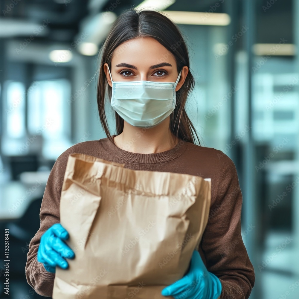 Masked delivery woman carries food during health crisis. Stock ...