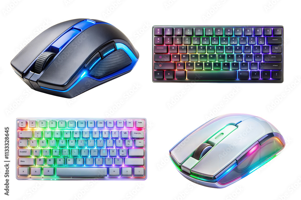 Isolated PNG of wireless RGB computer keyboards and mice, ideal for gaming visuals and creative ...