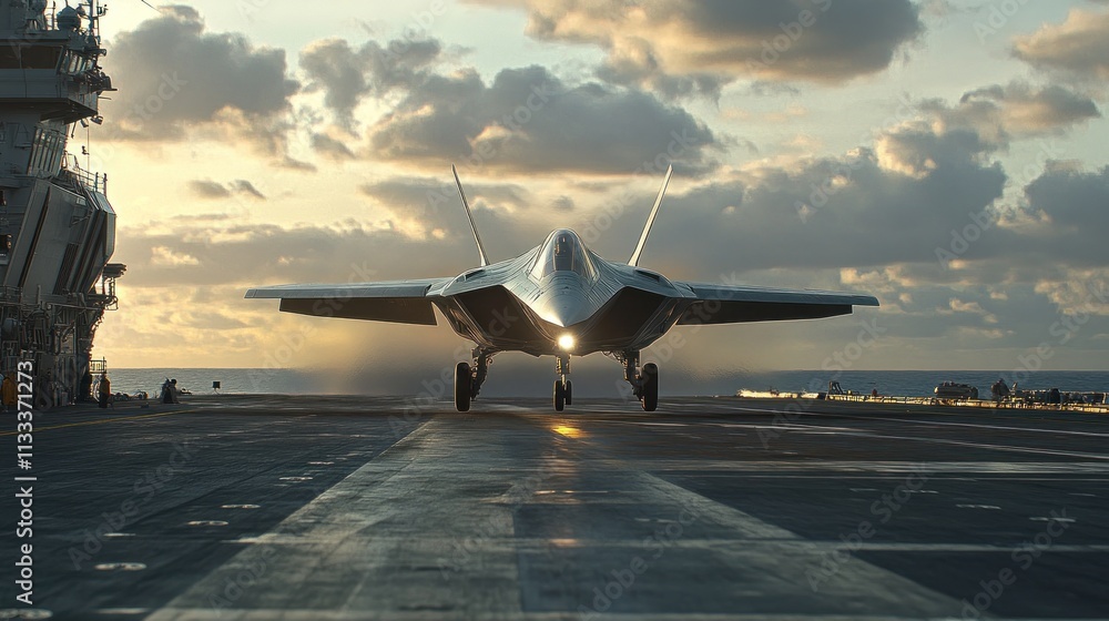F-35 Lightning II Stealth Fighter Jet Landing on Aircraft Carrier at Sunset Stock Illustration ...