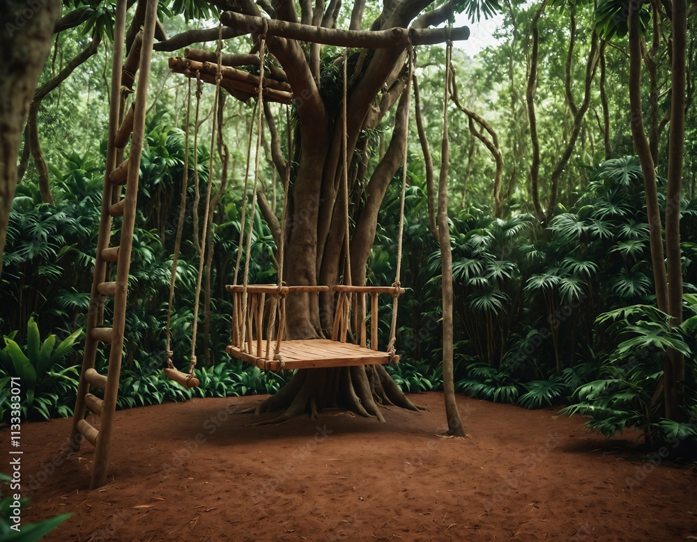 Lush Jungle Treehouse Swing With Wooden Details in a Verdant Tropical ...