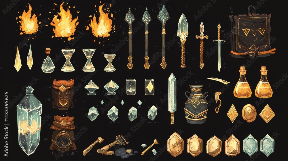 Fantasy RPG game assets including sprites, weapons, shields, gems, and ...