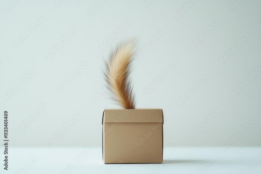 Mystery box with furry tail peeking out on a minimalist background ...