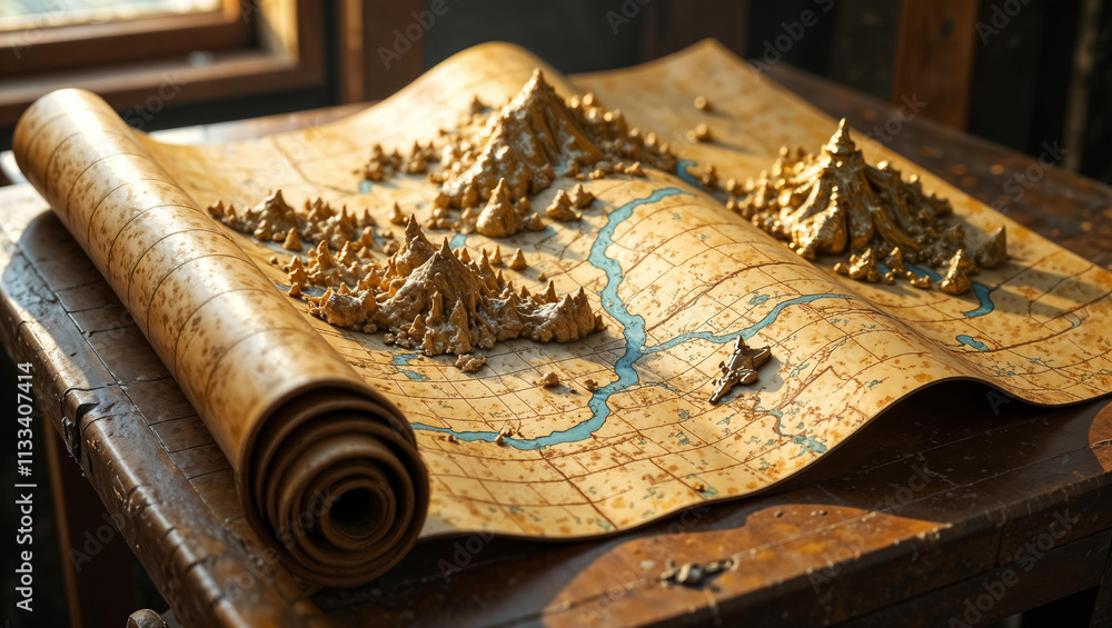 unrolled scroll of magic map with relief volumetric hills Stock ...