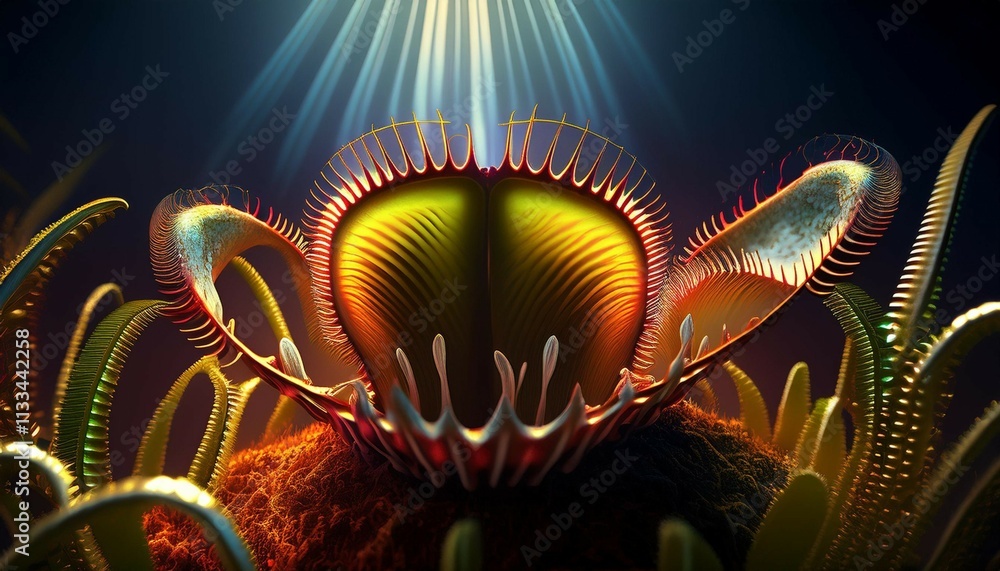 carnivorous venus flytrap interior dramatic light revealing intricate ...