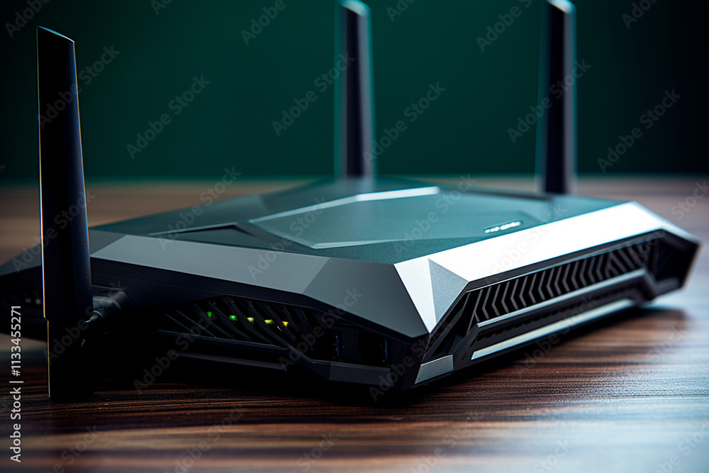 Advanced WiFi modem router on a surface. high-tech capabilities and ...