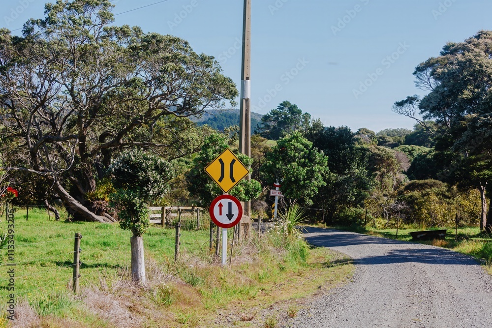Roadway with traffic control signs. Two-way traffic lane reduction ...