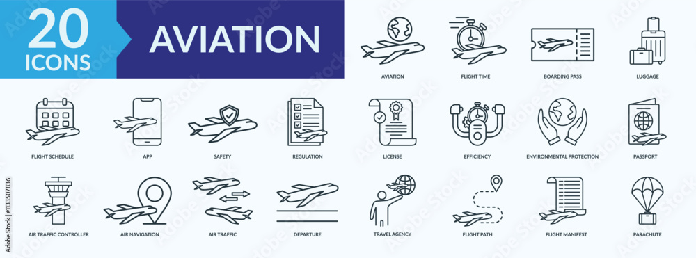 Aviation icon collection set with flight time, boarding pass, safety ...