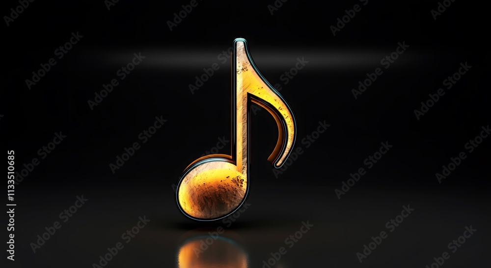 Shiny golden eighth note music icon. Metallic 3D rendering dark ...