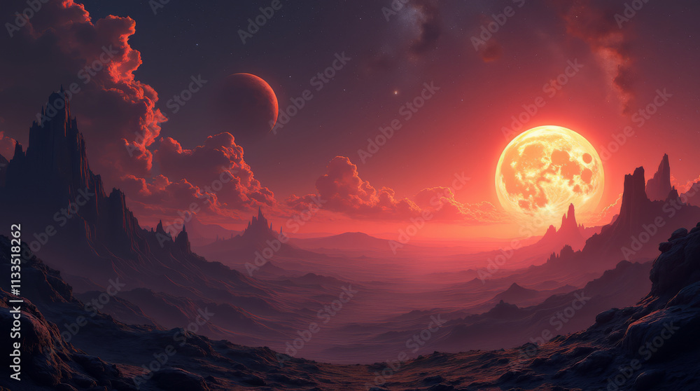 Alien Skyline with Multiple Suns Setting Over an Exotic Landscape Stock ...