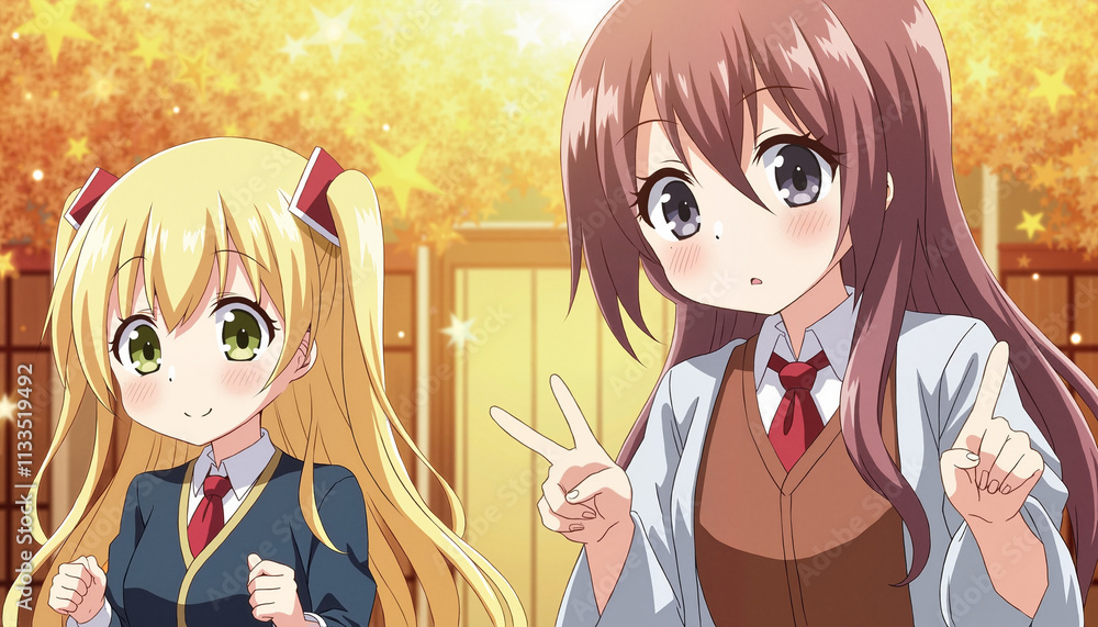 two cheerful anime girls posing joyfully with peace signs in a bright ...