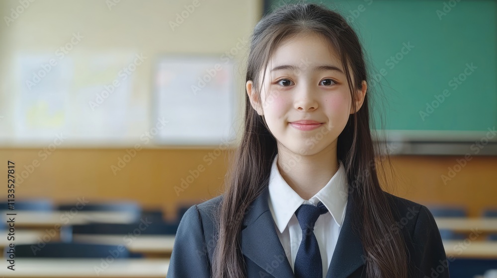 Beautiful smiling Asian teenage schoolgirl wearing uniform in classroom ...