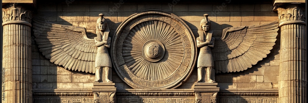 Ancient Egyptian Relief Winged Figures Flanking a Solar Disk, Symbol of ...