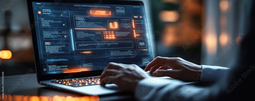 Illustration Stock Person uses laptop interacting with AI virtual assistant. AI prompt ...