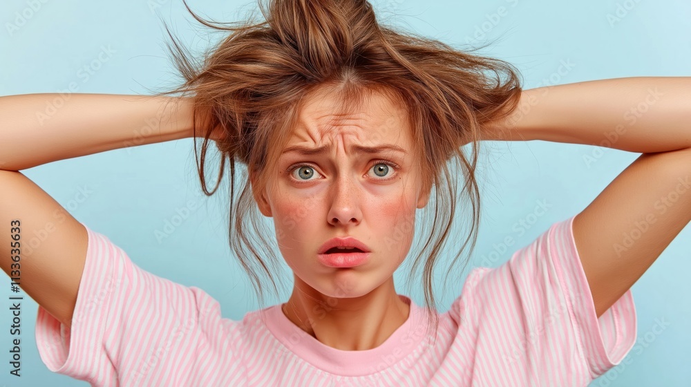 Woman struggles with messy hair expressing negative emotion. Stressful ...