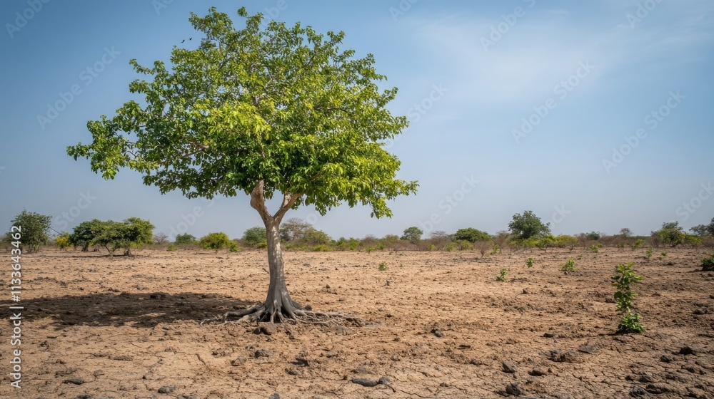 120.Symbolic scene of green saplings and a mature tree growing from ...