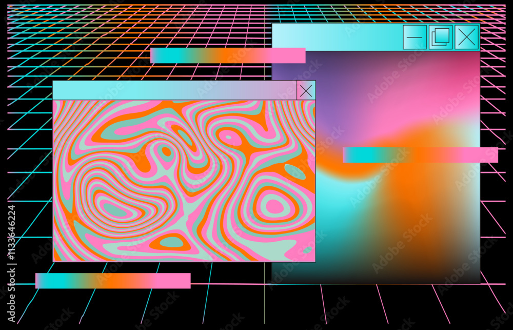 Abstract vaporwave collage with elements of open application windows ...