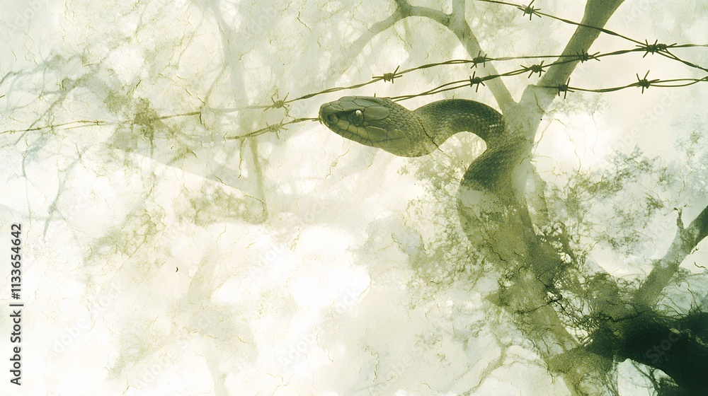 abstract double exposure showing a snake intertwined with barbed wire ...