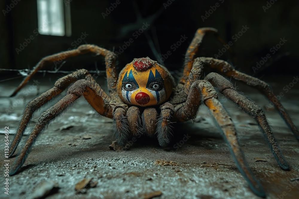 Creepy clown spider in dusty abandoned room. Spider looks menacing with ...