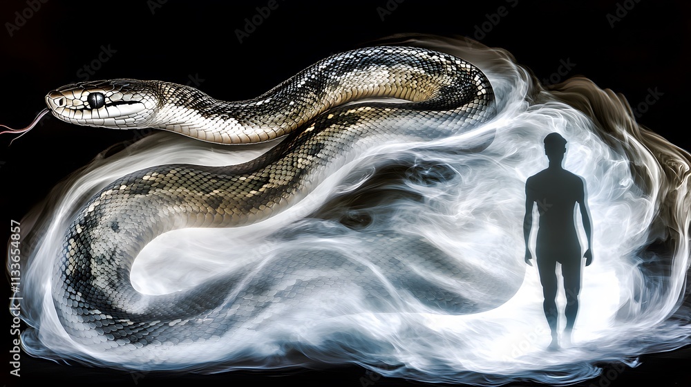 double exposure of a snake wrapped around a human silhouette, with the ...