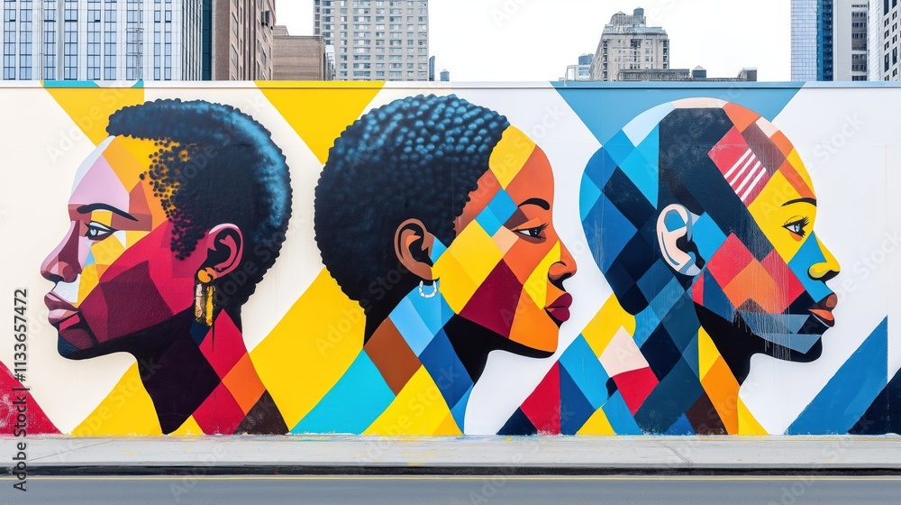 Colorful mural on city wall celebrates Black history, unity. Portraits ...