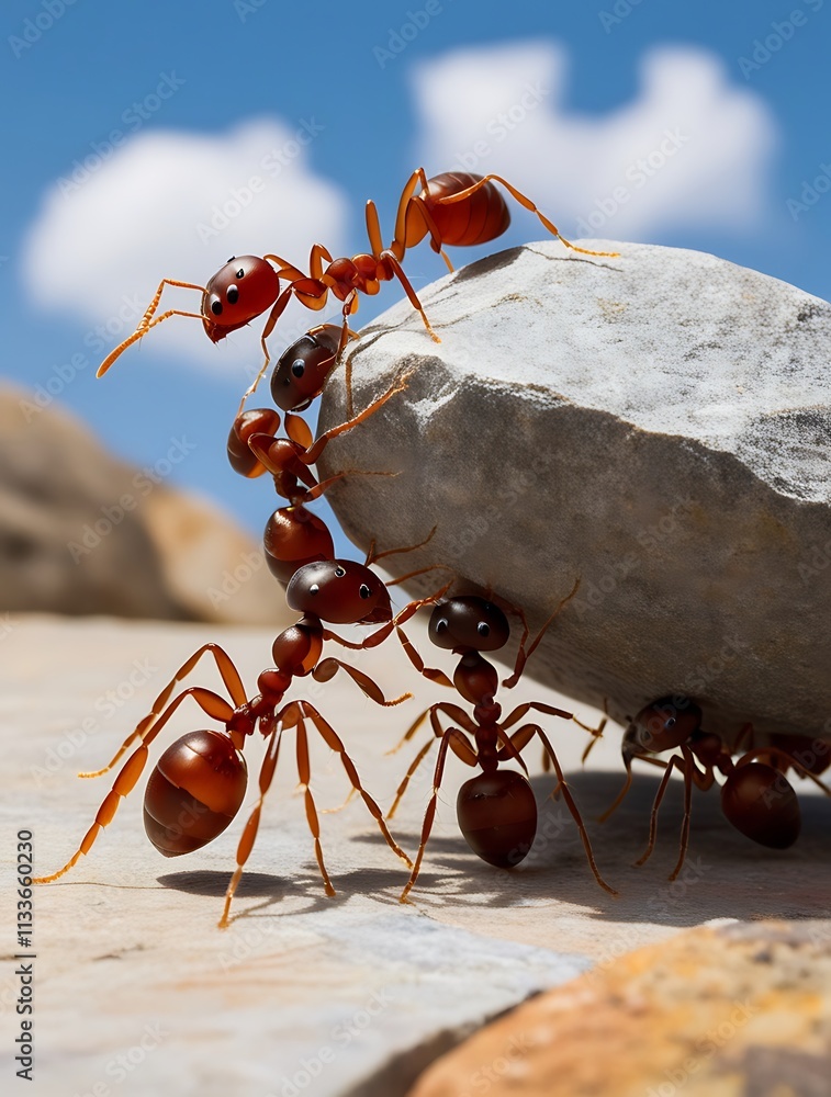 Realistic photo of a group of ants working together to lift a large ...