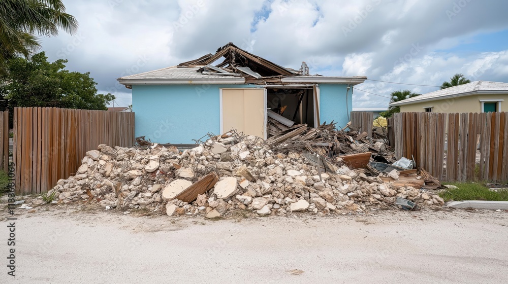 Hurricane devastation. Destroyed house. Pile of debris. Broken roof ...