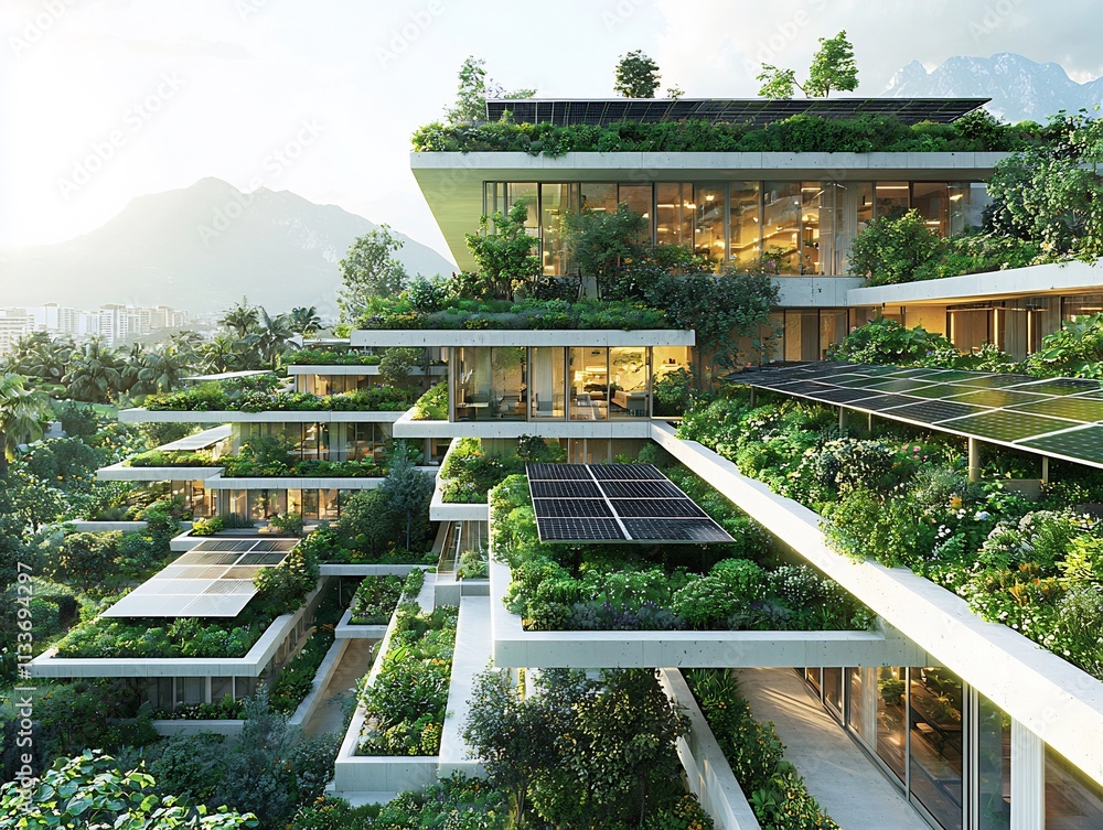 Urban rooftop garden solar panels integrated into the design providing ...