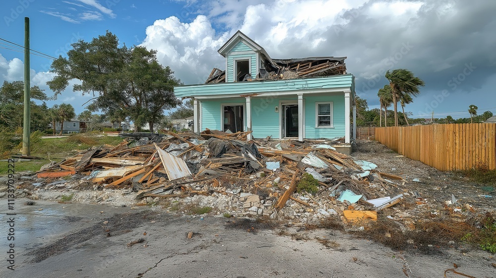Hurricane ravaged house ruins. Wreckage of light blue house piles up ...
