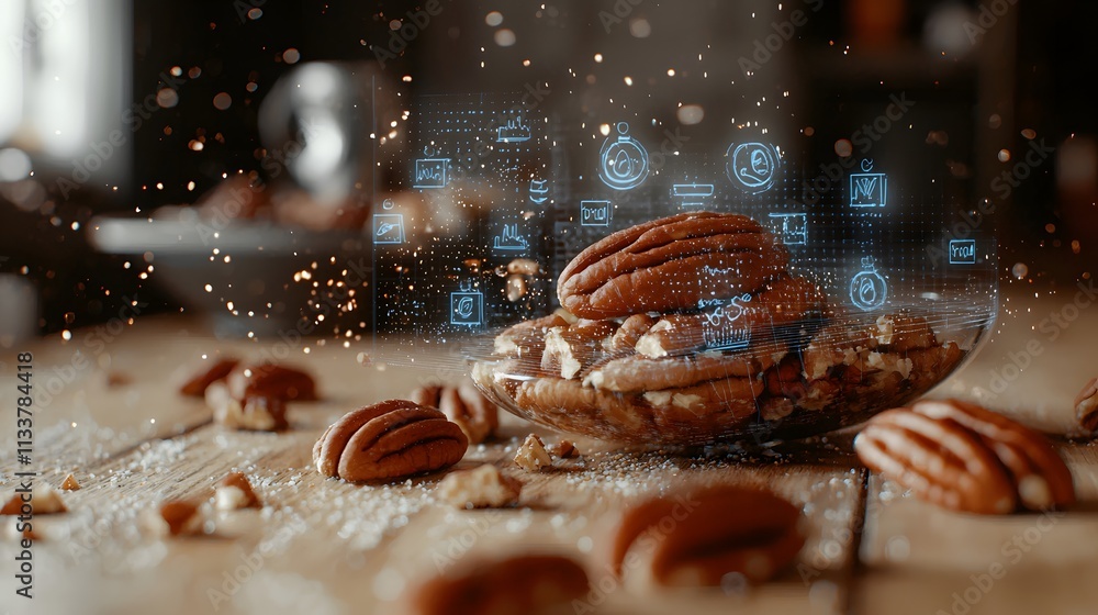of pecans, integrated with an image of antioxidant symbols ...